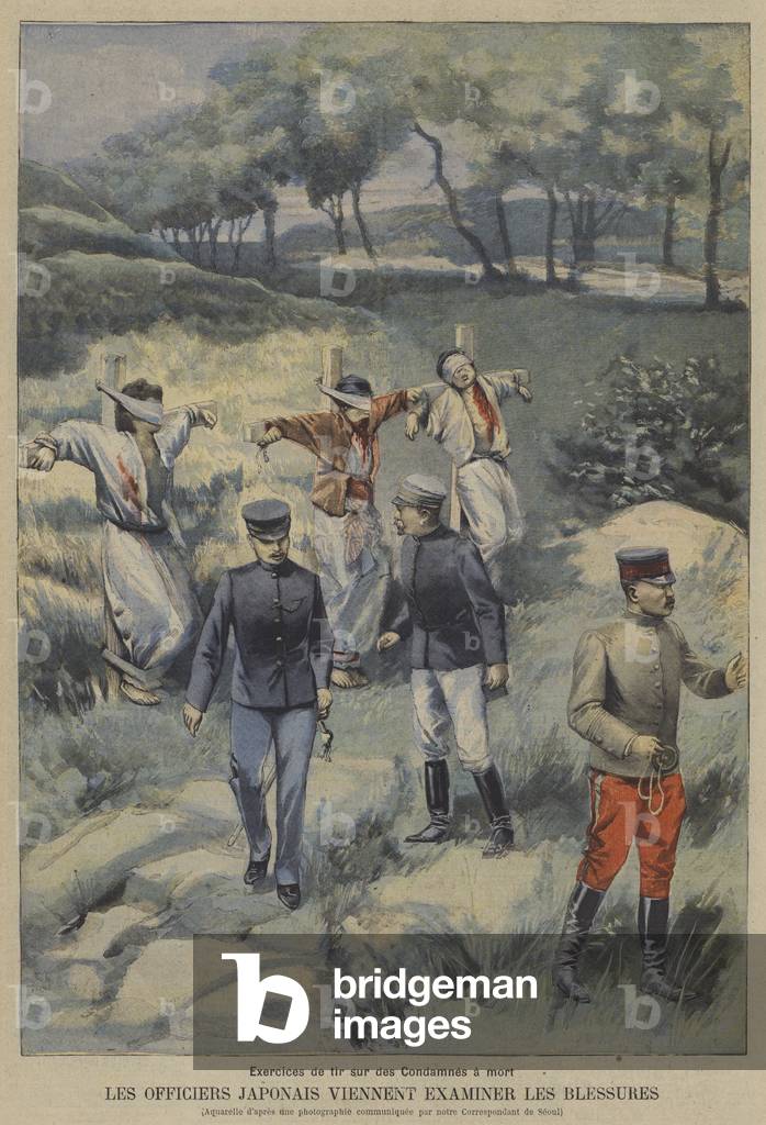 Image of Japanese officers inspecting the wounds of three Koreans ...