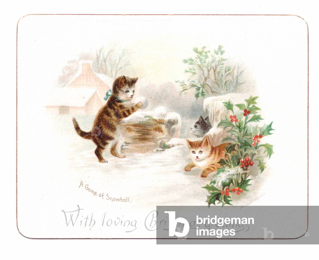 Image of A Victorian Christmas card of kittens throwing snowballs in ...