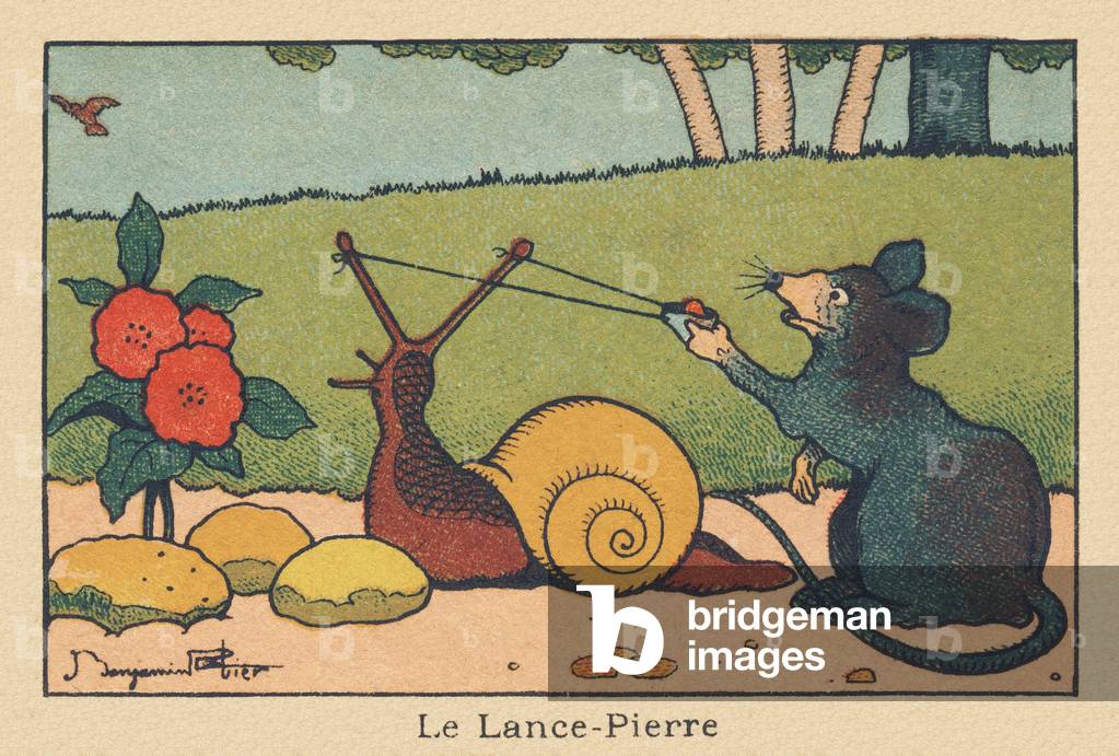 Image of A mouse uses the horns of a snail like a by Rabier, Benjamin ...