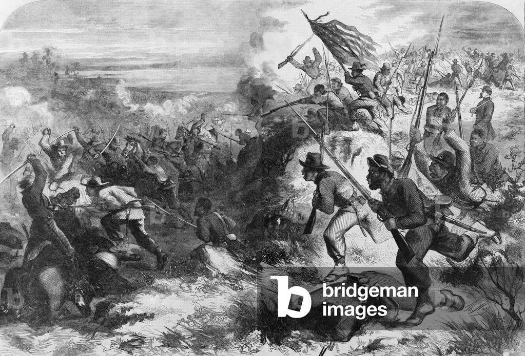 Image of African American soldiers in a Civil War battle against their