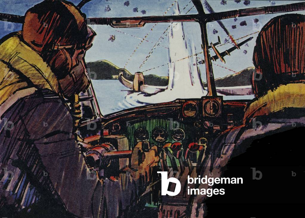 Image of The Dam Busters, Attack on the Mohne Dam (colour litho) by ...