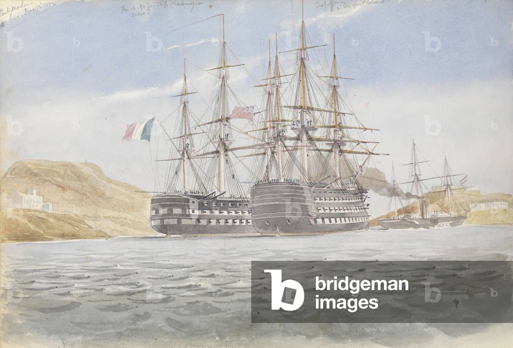 Image of The 'Charlemagne' with 'Trafalgar' leaving Port Mahon under ...