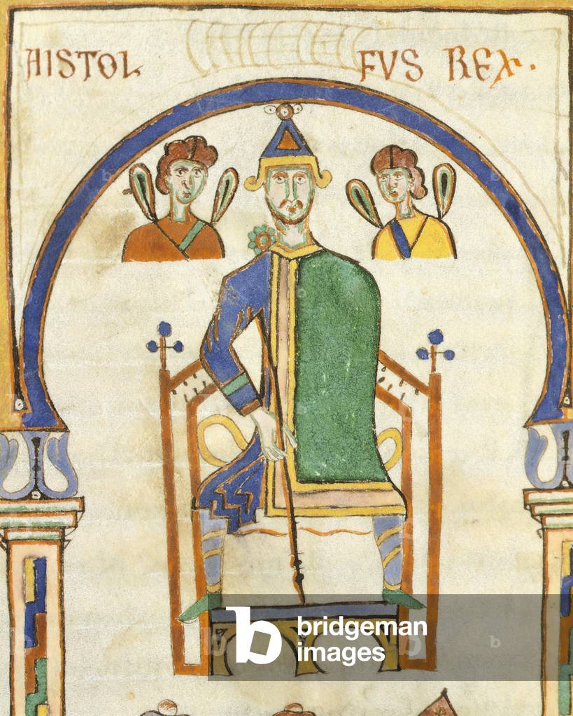 Image of King Astolfo seated in his throne, miniature from The Codex