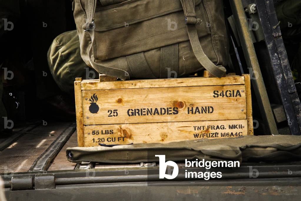 Image of Historical reenactment: Crate of American hand grenades in truck, Gothic