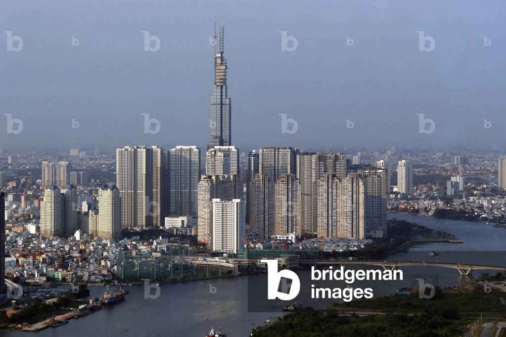 Image of Saigon river and cityscape of Ho Chin Minh Skyline, Saigon,