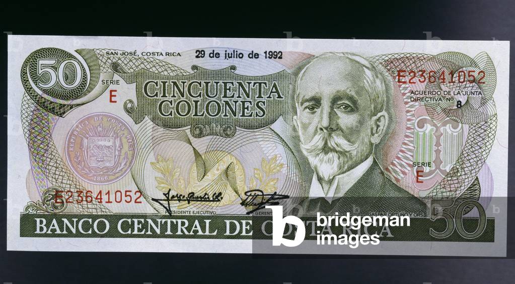 Image of 50 colones banknote, 1992, obverse, Gaspar Ortuno y Ors (1852 ...
