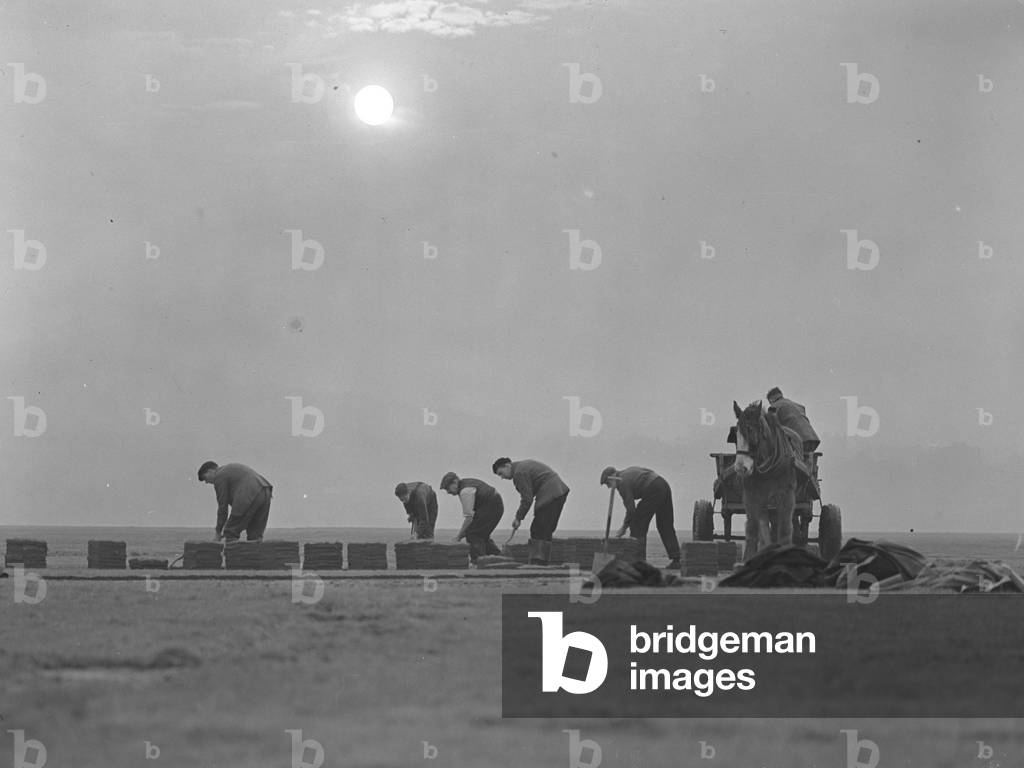 Image of A group of men cutting turf or peat with the by Hardman ...