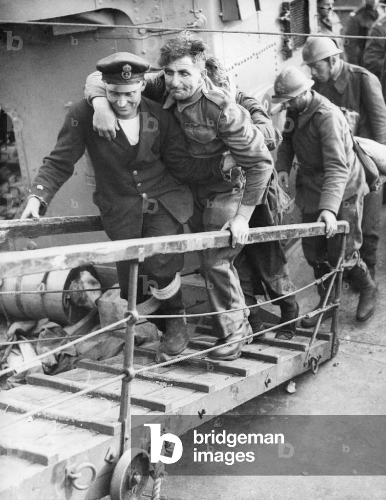 Image of A British sailor assisting a wounded Tommy followed by French