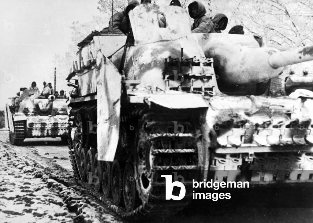 Image of German assault guns in Hungary, 1945 (b/w photo)