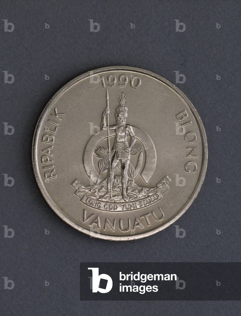 Image of 10 vatu coin, 1990, obverse depicting native warrior standing on