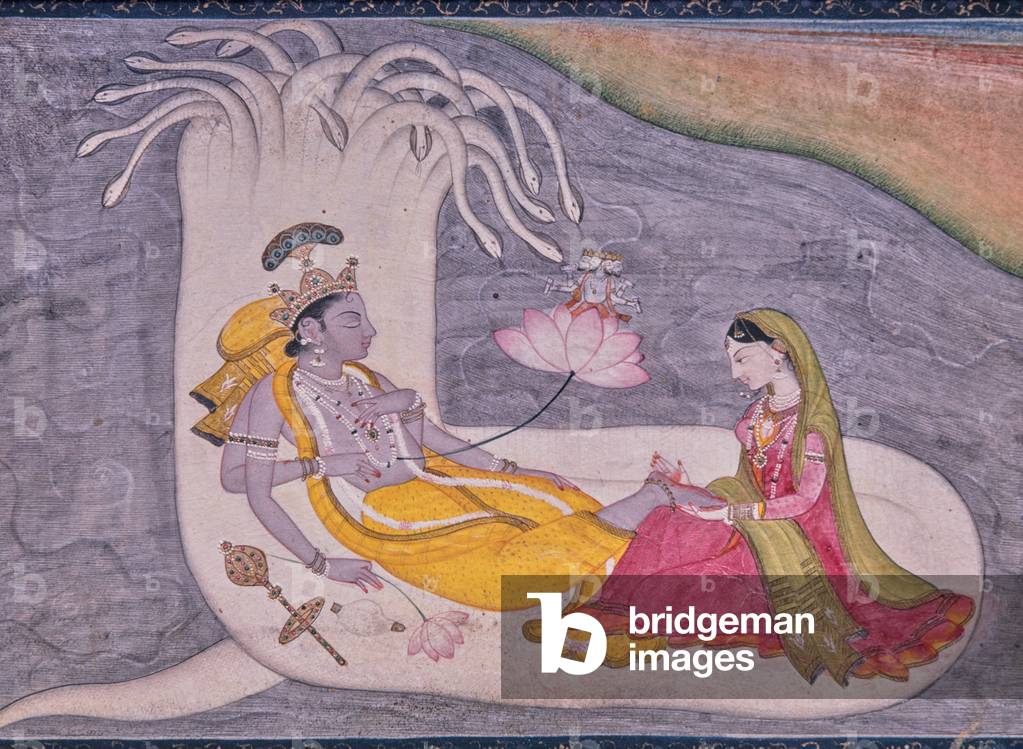 Image of Vishnu on Shesha, birth of Brahma, Miniature Painting, India, 1971