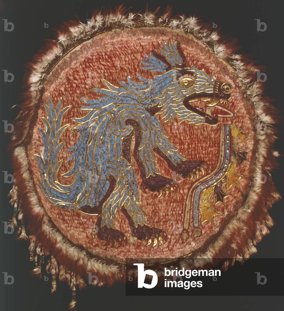 Image of Ceremonial shield with feathers depicting a coyote, artefact ...