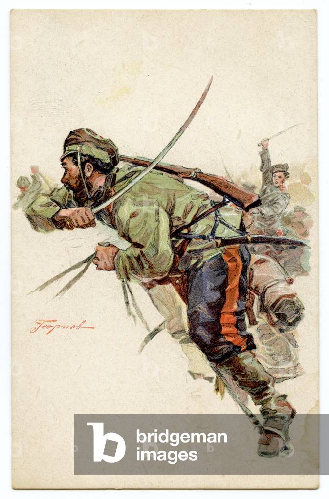 Image of Russian postcard showing Cossack fighting with sabre during ...
