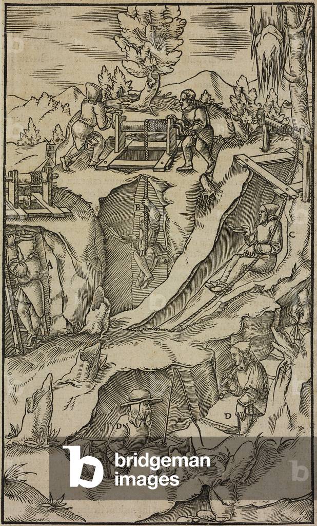 Image of Miners' descent into the mine tunnels using: ladder, winch, rope,