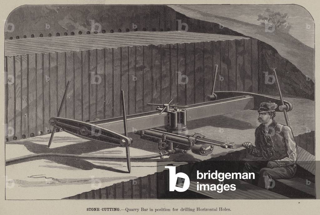 Image of Stone-Cutting, Quarry Bar in position for drilling Horizontal ...