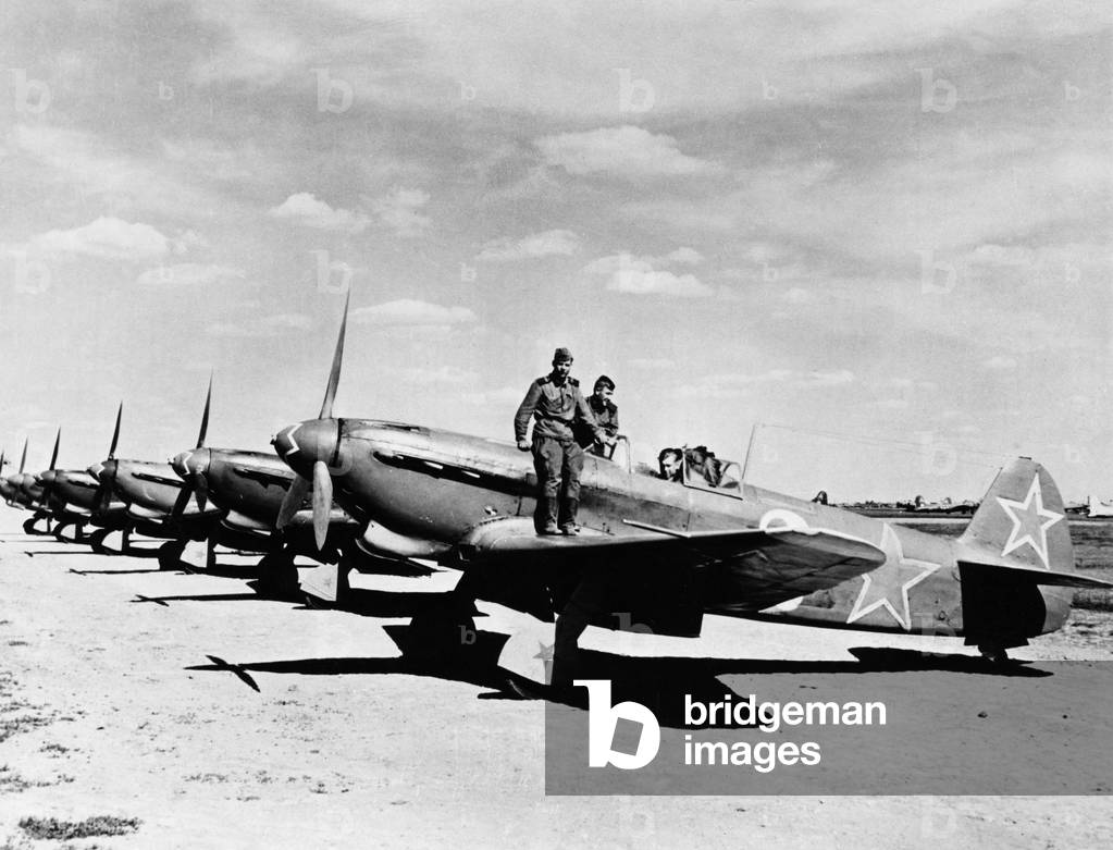 Image of World War 2, Soviet Air Force Yakovlev Yak-9D Fighters Lined