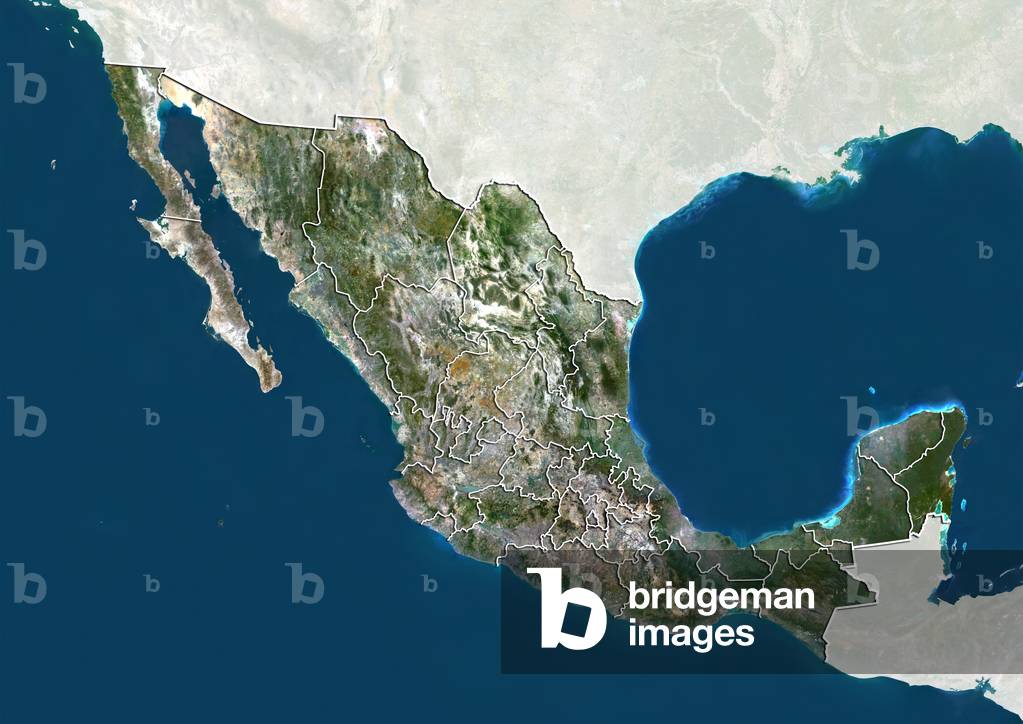 Image of Mexico, True Colour Satellite Image With State Boundaries