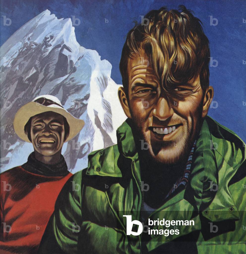 Image of Hillary and Tensing in front of Mount Everest (colour litho ...