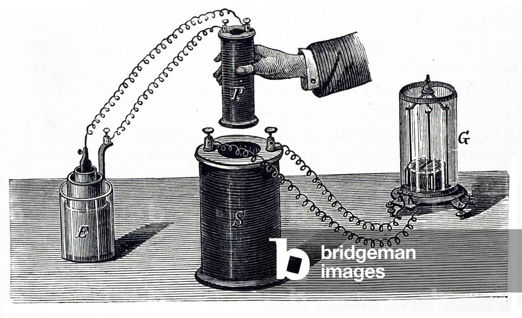 An engraving depicting an apparatus for demonstrating induction by the ...