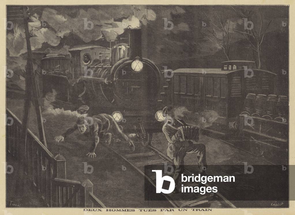 Image of Two men killed by a train (litho) by French School, (19th century)