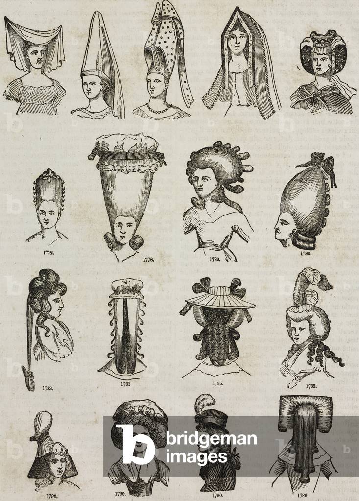 Image of Female hairstyles: (a) 16th and 17th century; (b-c-d) 18th ...