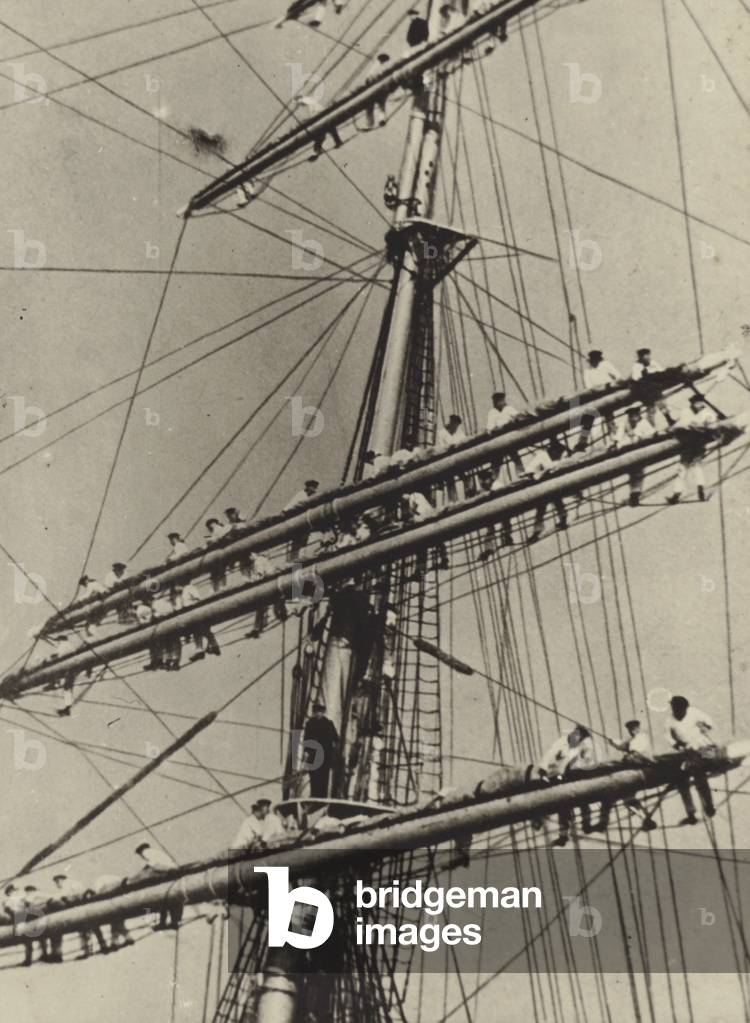 Image of Naval cadets in the rigging of the German Navy sailing by ...