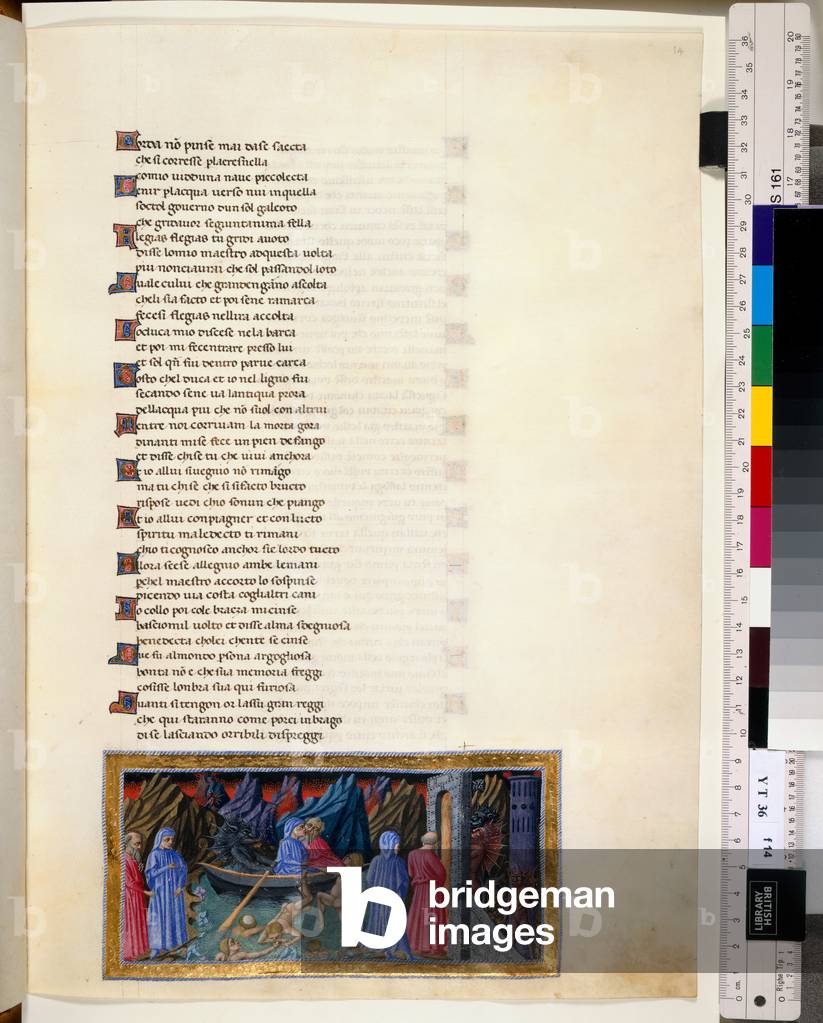 Miniature of Dante and Virgil being rowed across the river Styx by a ...