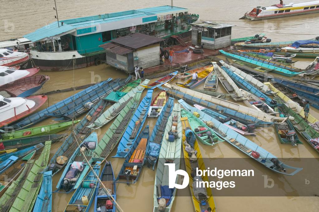 Image of Malaysia, Borneo, Sarawak, Kapit, longboats loaded with goods ...