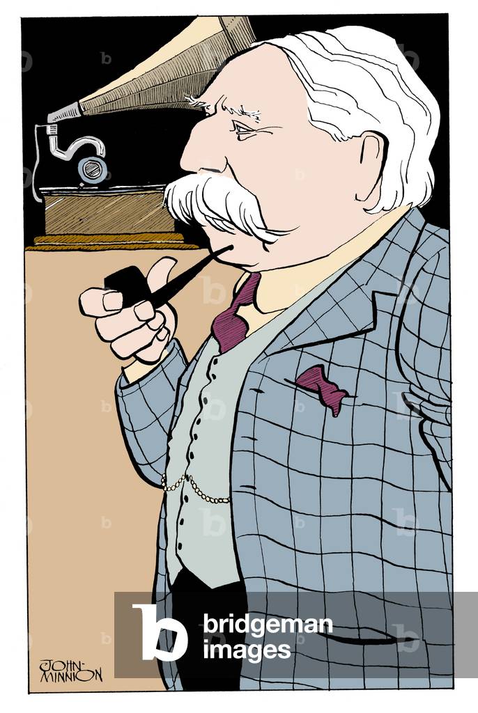 Image of Edward Elgar - caricature with pipe listening to phonograph by ...