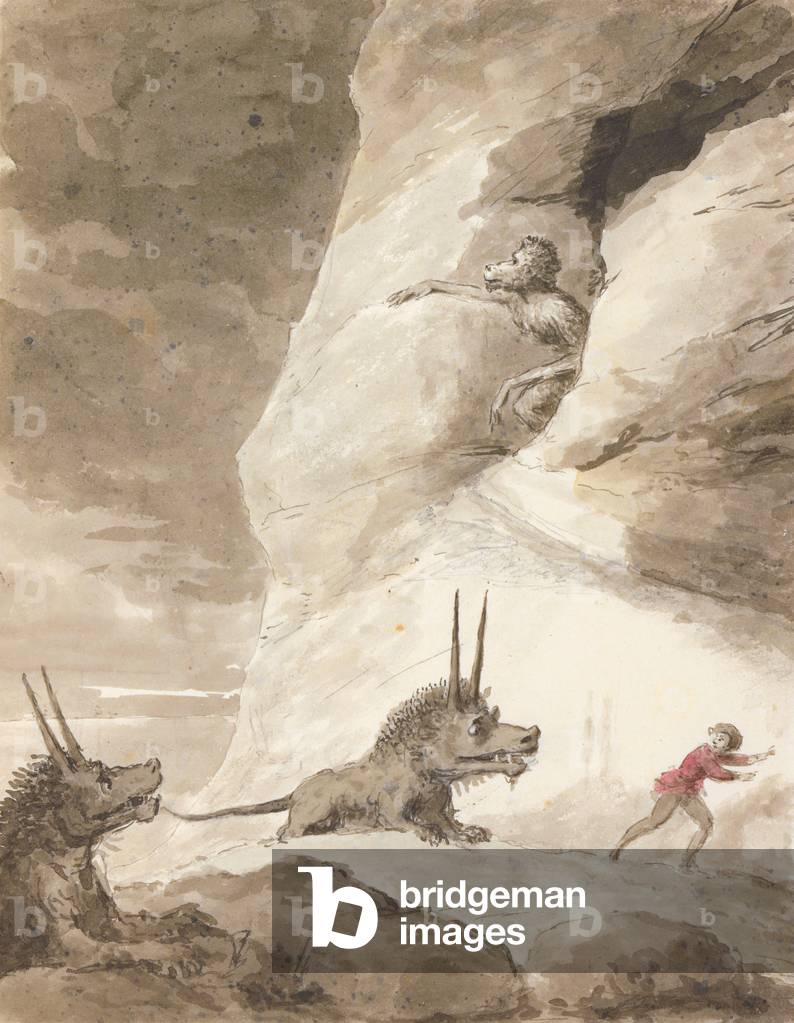 Image of Monsters chasing a man (w/c and wash with pen & by Dance ...