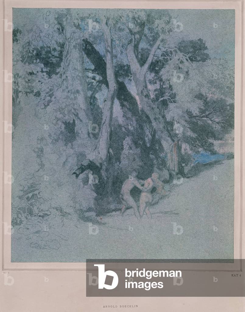 Image of Forest landscape, Faun and Nymph, black and colored pencil ...