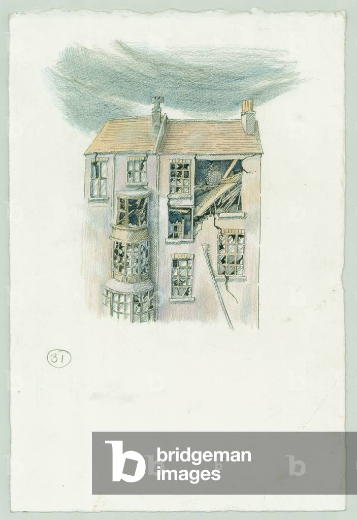 Image of A reconstruction drawing showing a bomb damaged house in ...