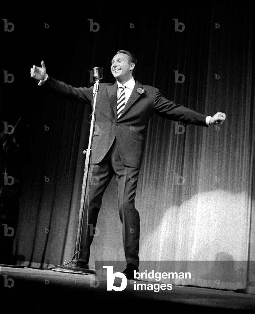 Image of Singer Charles Trenet on stage in Paris, 1960 (b/w photo) by ...