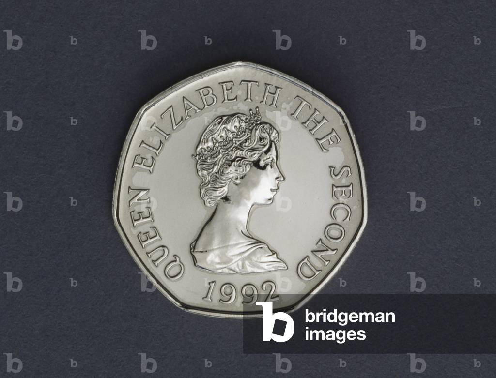 Image of 20 pence coin, 1992, obverse, queen Elizabeth II (1926-), Jersey,
