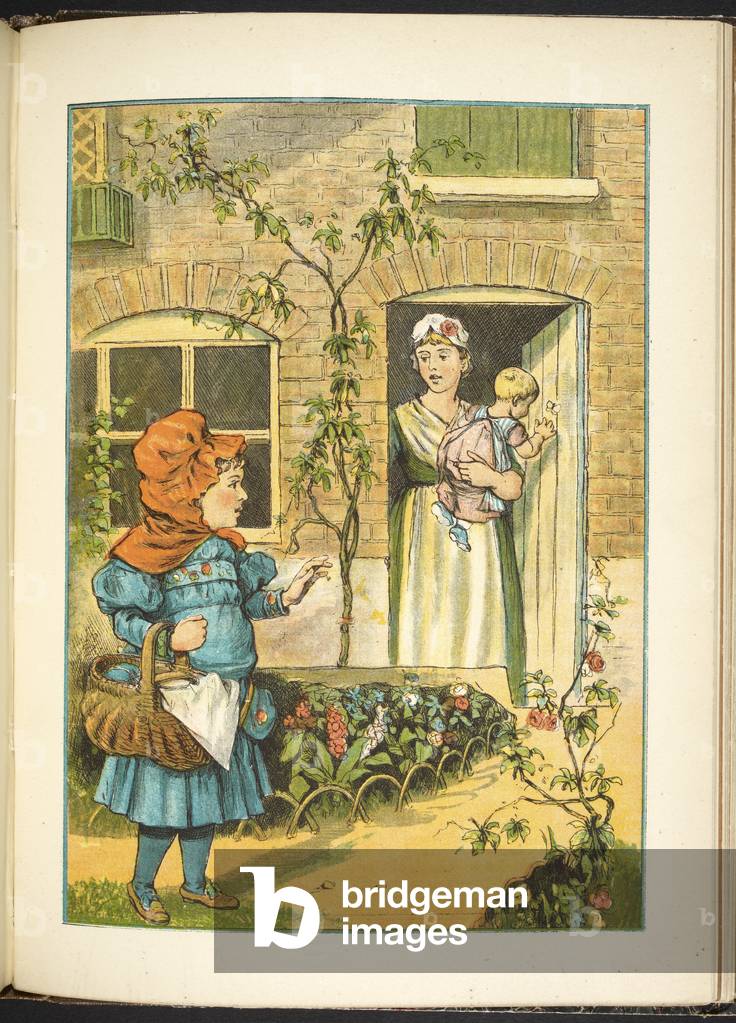 Image of Little red riding-hood waving goodbye to her mother.