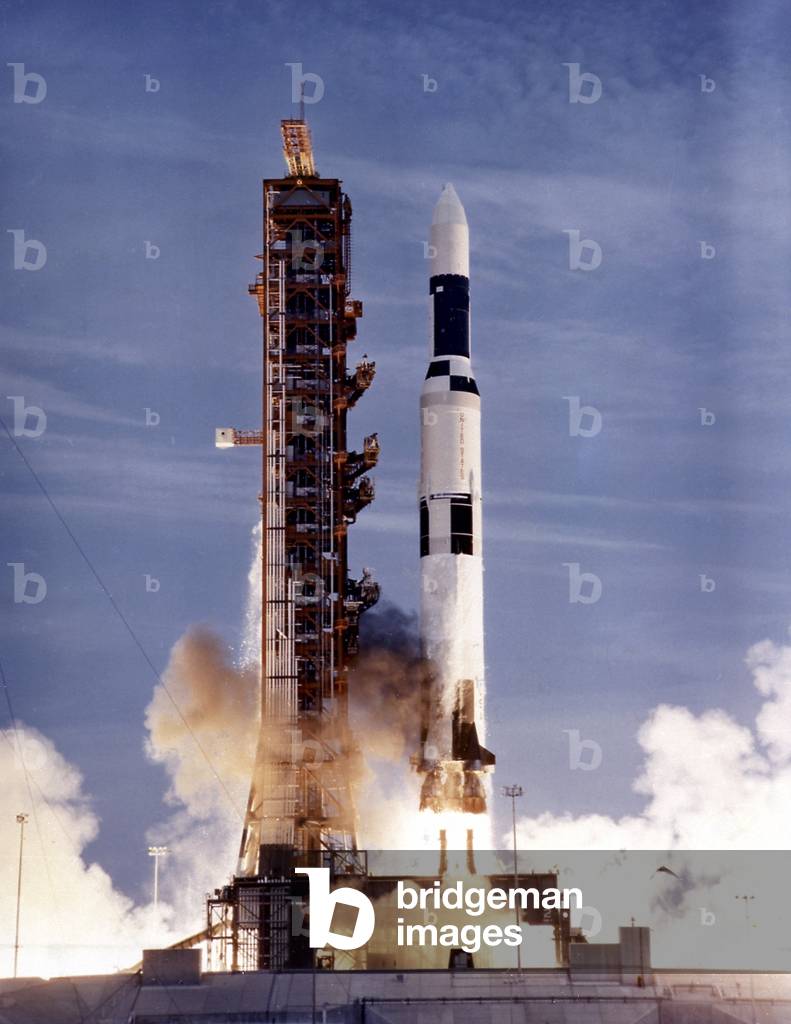 Image of Launch of Skylab on a two-stage Saturn V missile. The