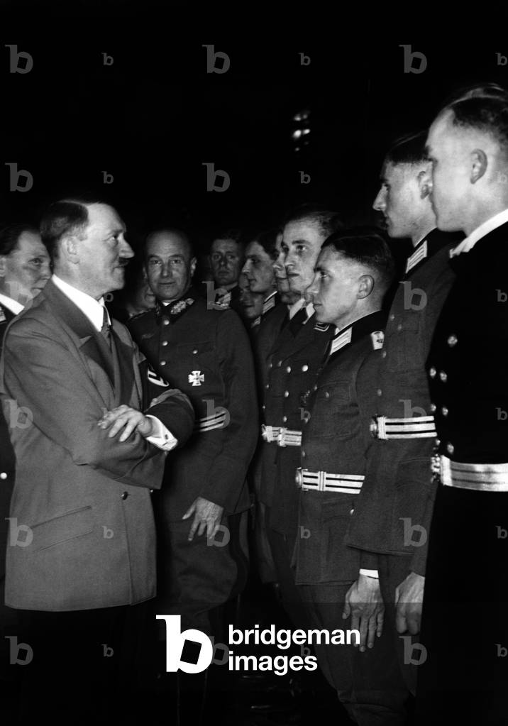 Image of Adolf Hitler greets young officers, 1939 (b/w photo)