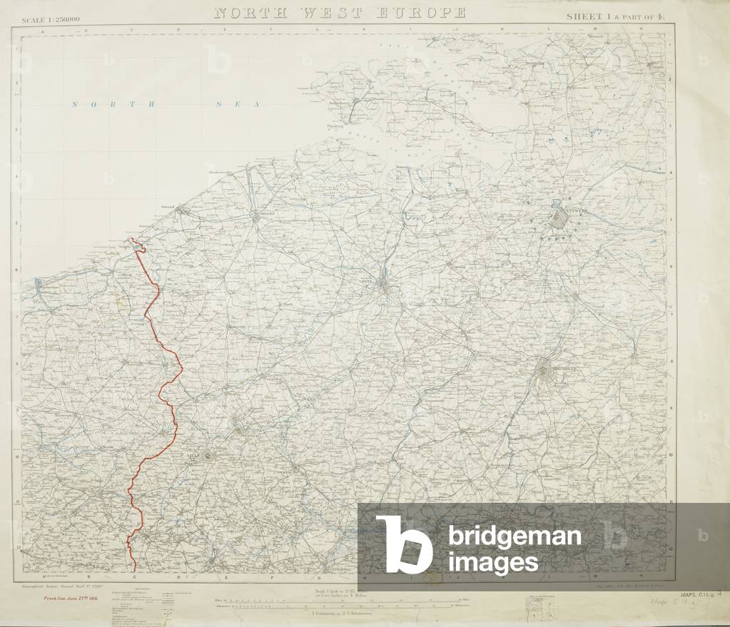 Image of First World War map of north west Europe. Shown in