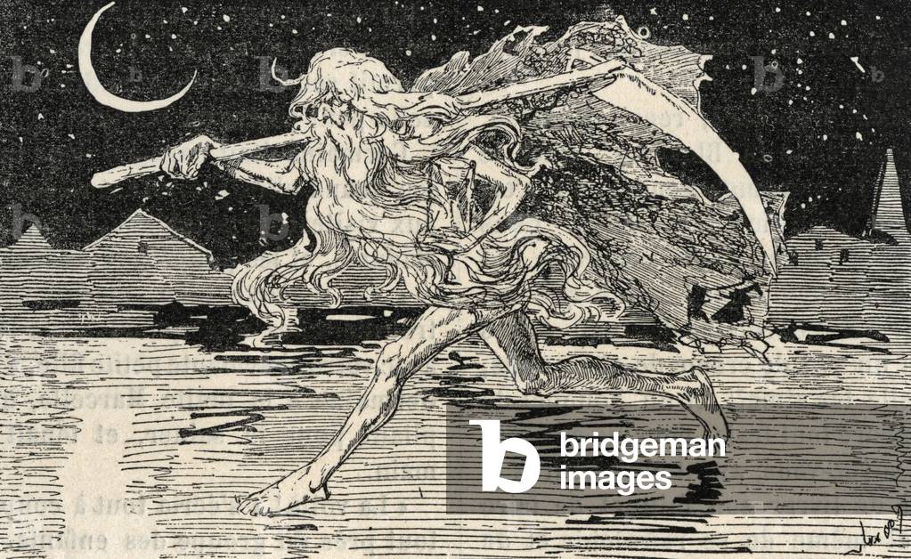 Image of Old Father Time carrying his scythe. Engraving, 1883.
