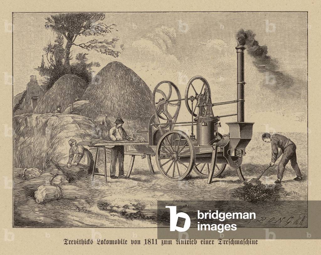 Image of Trevithick's traction engine driving a threshing machine ...