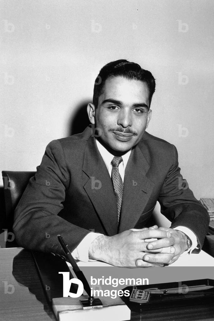 Image of King Hussein of Jordan at his Desk C. 1955 (b/w