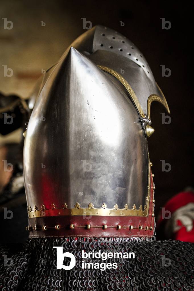 Image of Historical reenactment: Helmet with chain mail and shield ...