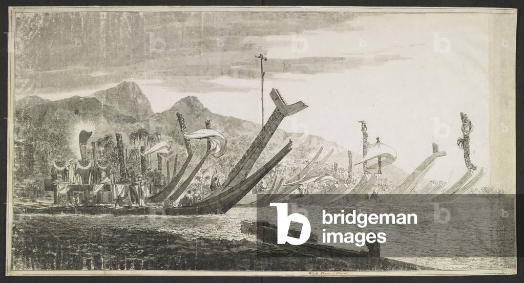Image of [LH of drawing] War canoes of Otaheite [Tahiti]. Drawn by