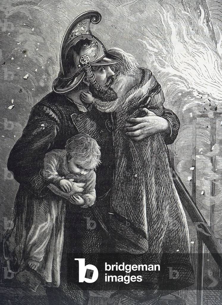 Image of Engraving depicting a London fireman carrying two children ...