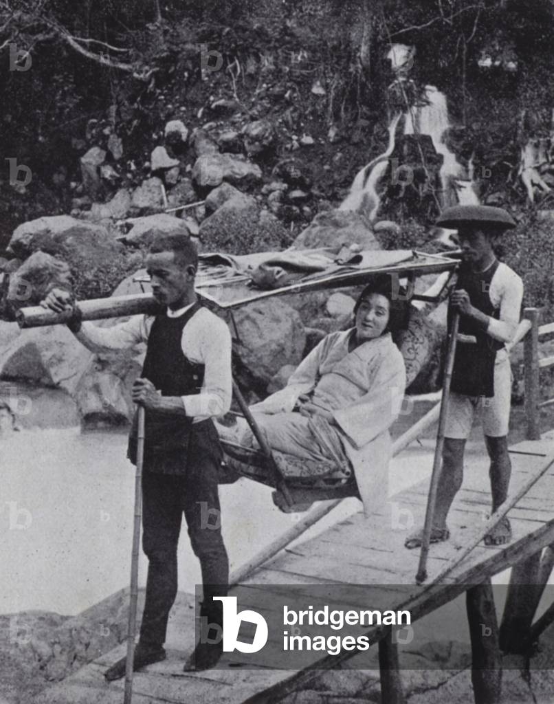 Image of Japanese lady crossing the Daiya River near Nikko (b/w photo ...