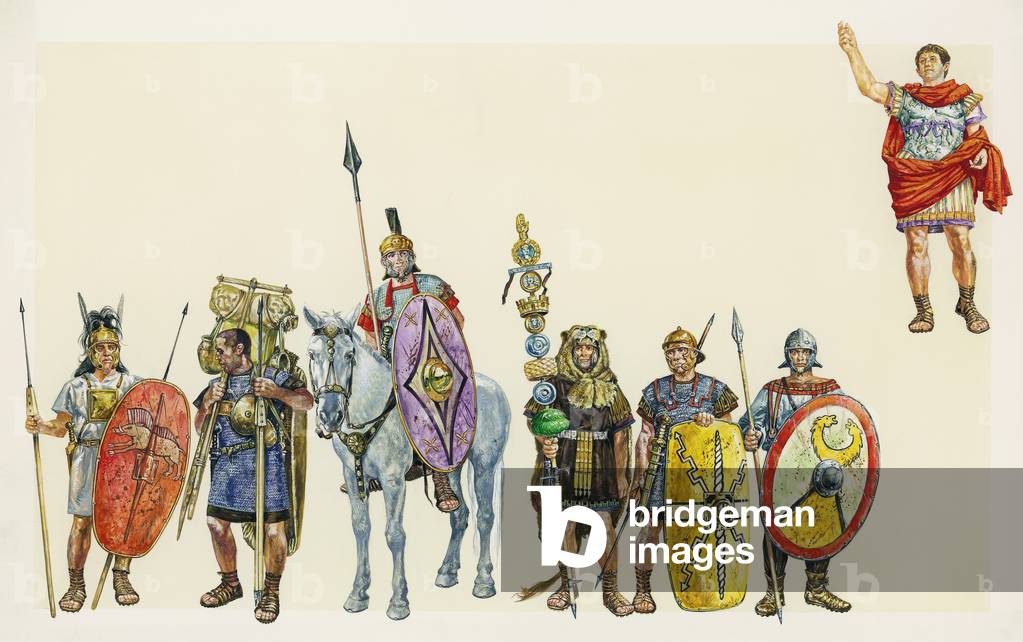 Image of Soldiers of ancient Rome, from left: Roman soldier of Thrace,