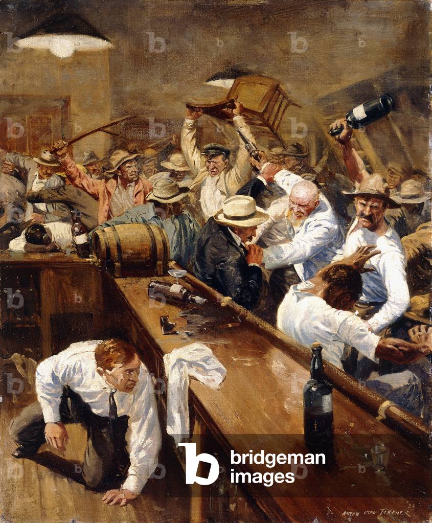 Image of A Bar-room Brawl, (oil on canvas) by Fischer, Anton Otto (1882 ...