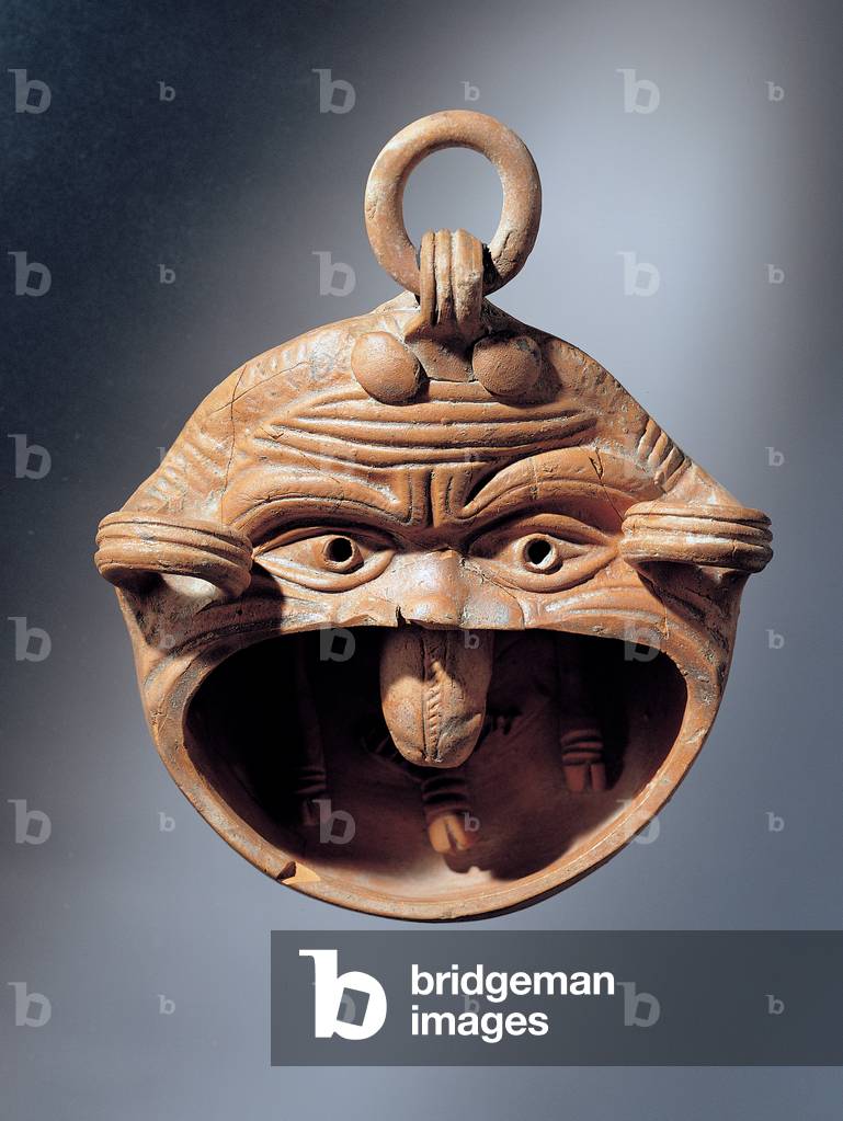 Image of Mask-shaped vessel with mask with tilting phallus in the mouth ...