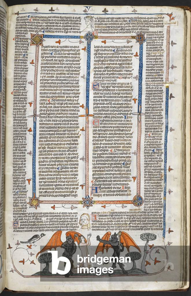 Image of A bas-de-page scene of woman kneeling between two devils