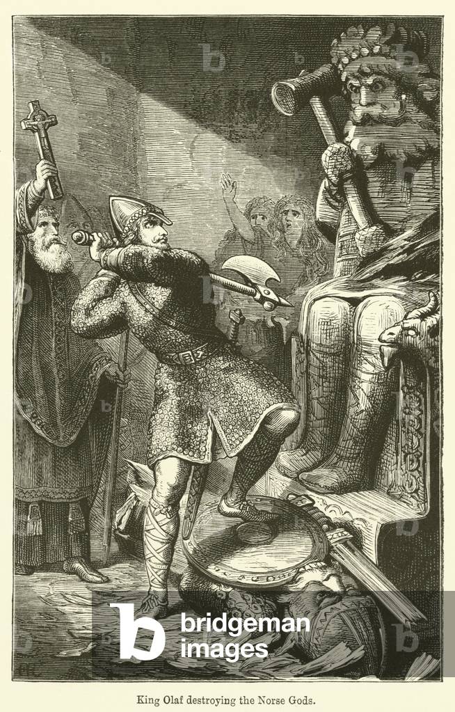 Image of King Olaf destroying the Norse Gods (engraving) by English ...